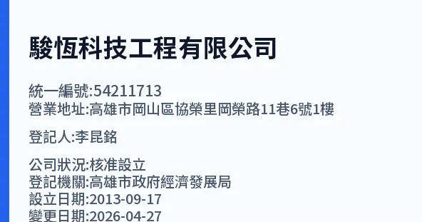 駿恆科技工程有限公司的照片-統編 54211713(高雄市) 公司登記資料與營業項目詳細圖表