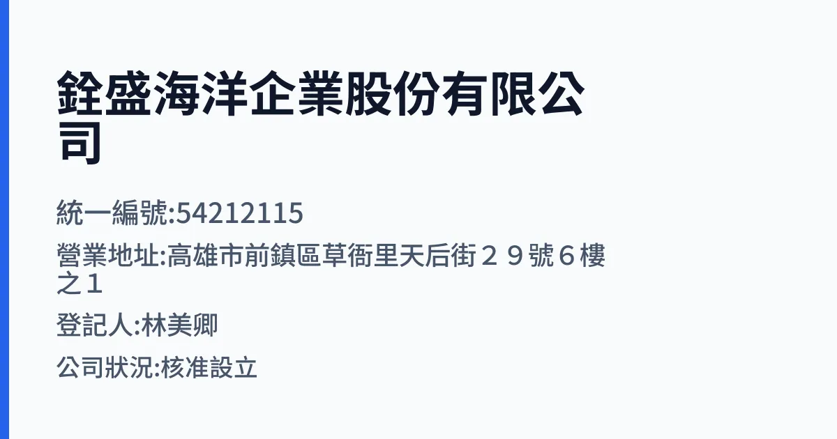 銓盛海洋企業股份有限公司 - 統編 54212115(高雄市) 公司登記資料與營業項目詳細圖表