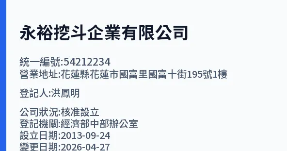 永裕挖斗企業有限公司的照片-統編 54212234(花蓮縣) 公司登記資料與營業項目詳細圖表
