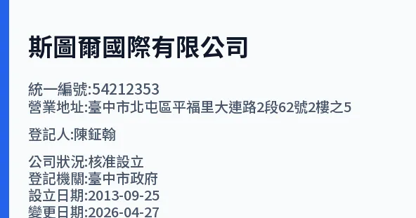斯圖爾國際有限公司的照片-統編 54212353(臺中市) 公司登記資料與營業項目詳細圖表