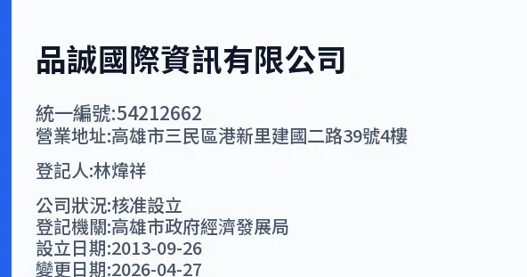 品誠國際資訊有限公司的照片-統編 54212662(高雄市) 公司登記資料與營業項目詳細圖表