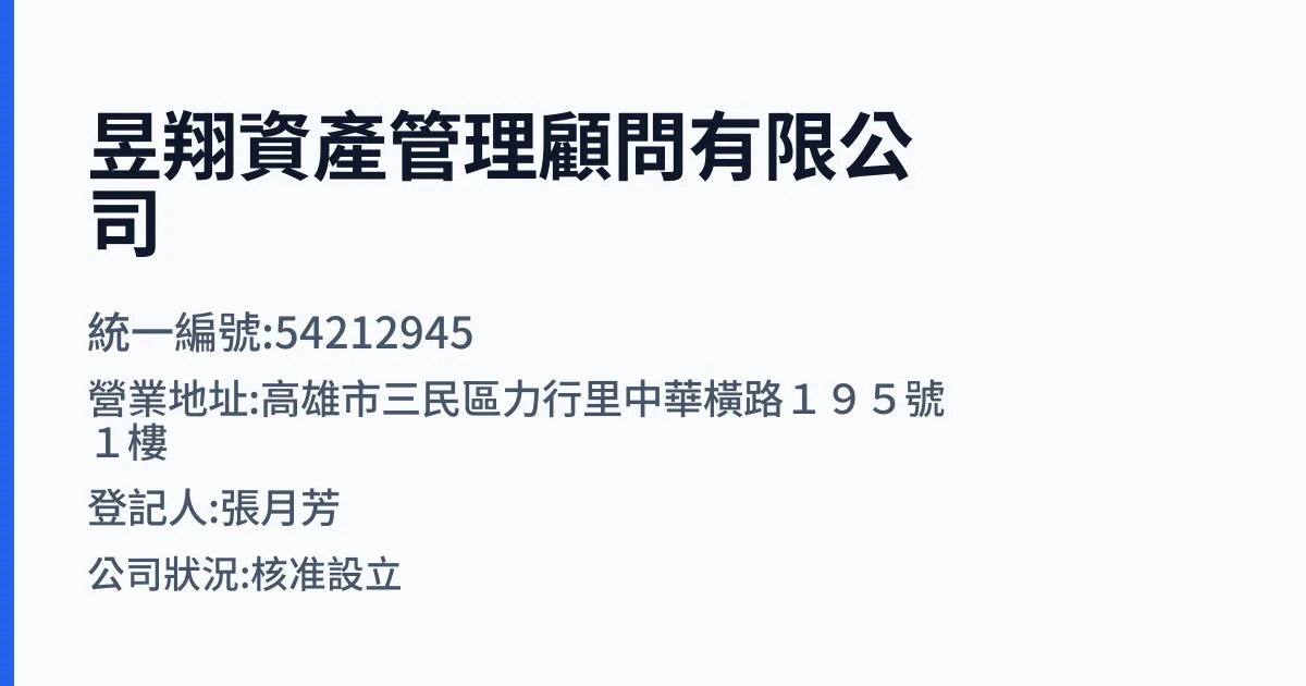 昱翔資產管理顧問有限公司 - 統編 54212945(高雄市) 公司登記資料與營業項目詳細圖表