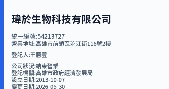 瑋於生物科技有限公司的照片-統編 54213727(高雄市) 公司登記資料與營業項目詳細圖表