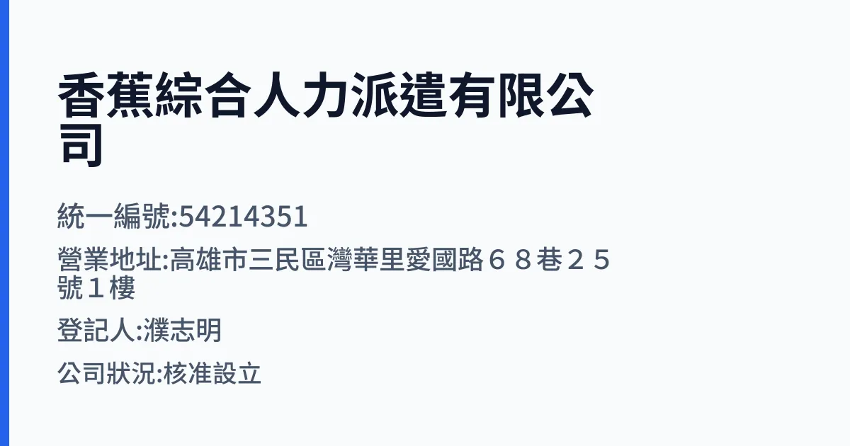 香蕉綜合人力派遣有限公司 - 統編 54214351(高雄市) 公司登記資料與營業項目詳細圖表
