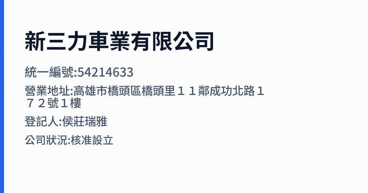 新三力車業有限公司 - 統編 54214633(高雄市) 公司登記資料與營業項目詳細圖表