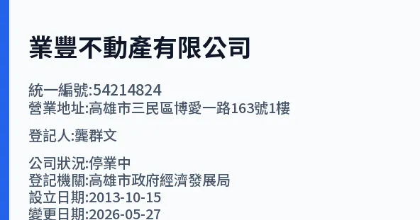 業豐不動產有限公司的照片-統編 54214824(高雄市) 公司登記資料與營業項目詳細圖表