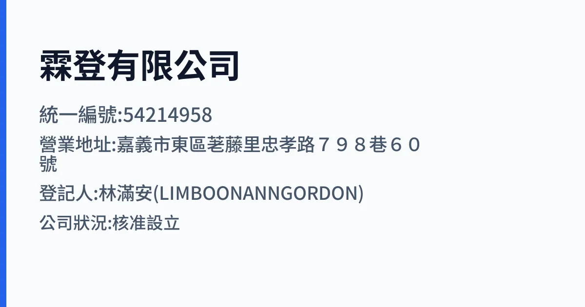 霖登有限公司 - 統編 54214958(嘉義市) 公司登記資料與營業項目詳細圖表