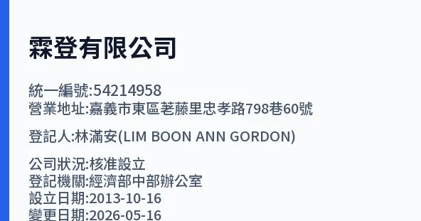 霖登有限公司的照片-統編 54214958(嘉義市) 公司登記資料與營業項目詳細圖表