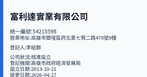 富利達實業有限公司的照片-統編 54215598(高雄市) 公司登記資料與營業項目詳細圖表