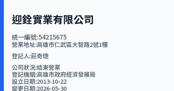 迎銓實業有限公司的照片-統編 54215675(高雄市) 公司登記資料與營業項目詳細圖表