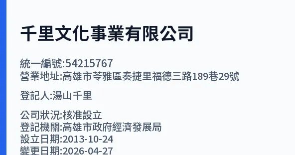 千里文化事業有限公司的照片-統編 54215767(高雄市) 公司登記資料與營業項目詳細圖表