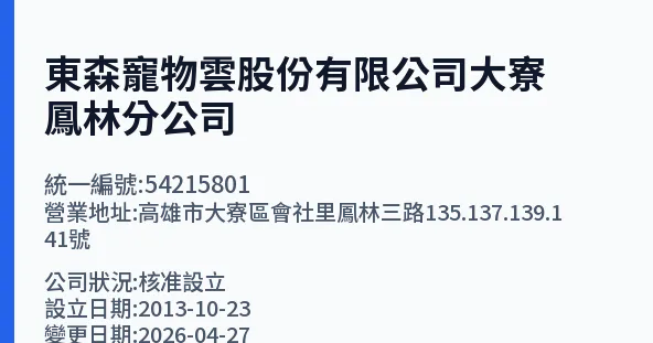 東森寵物雲股份有限公司大寮鳳林分公司的照片-統編 54215801(高雄市) 公司登記資料與營業項目詳細圖表