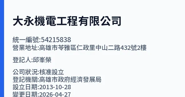 大永機電工程有限公司的照片-統編 54215838(高雄市) 公司登記資料與營業項目詳細圖表