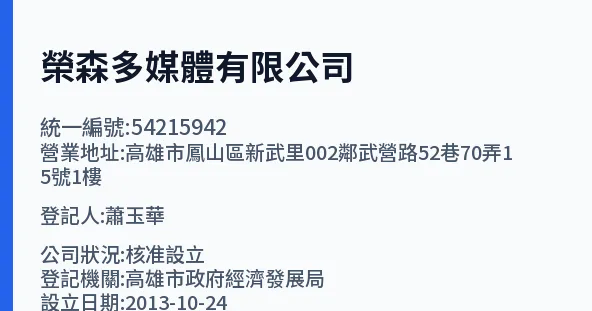 榮森多媒體有限公司的照片-統編 54215942(高雄市) 公司登記資料與營業項目詳細圖表