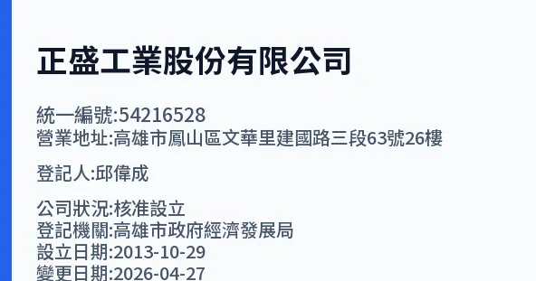 正盛工業股份有限公司的照片-統編 54216528(高雄市) 公司登記資料與營業項目詳細圖表