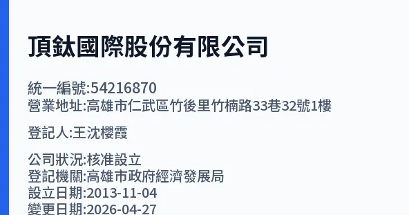 頂鈦國際股份有限公司的照片-統編 54216870(高雄市) 公司登記資料與營業項目詳細圖表