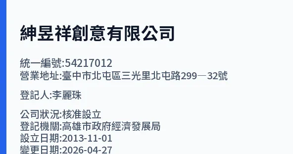 紳昱祥創意有限公司的照片-統編 54217012(臺中市) 公司登記資料與營業項目詳細圖表