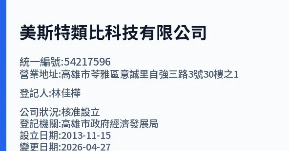美斯特類比科技有限公司的照片-統編 54217596(高雄市) 公司登記資料與營業項目詳細圖表