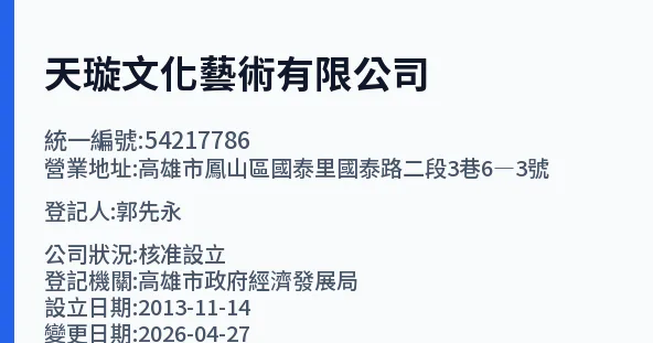 天璇文化藝術有限公司的照片-統編 54217786(高雄市) 公司登記資料與營業項目詳細圖表