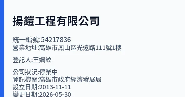 揚鎧工程有限公司的照片-統編 54217836(高雄市) 公司登記資料與營業項目詳細圖表