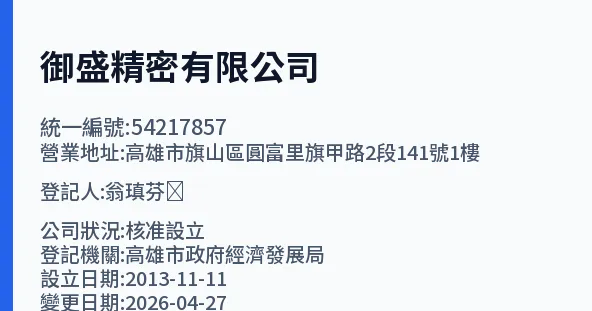 御盛精密有限公司的照片-統編 54217857(高雄市) 公司登記資料與營業項目詳細圖表