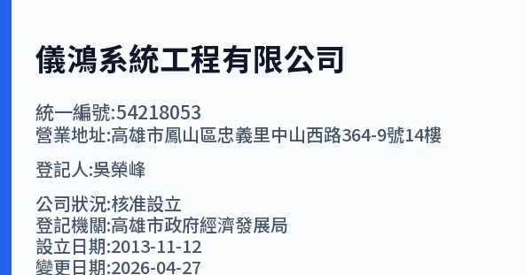 儀鴻系統工程有限公司的照片-統編 54218053(高雄市) 公司登記資料與營業項目詳細圖表