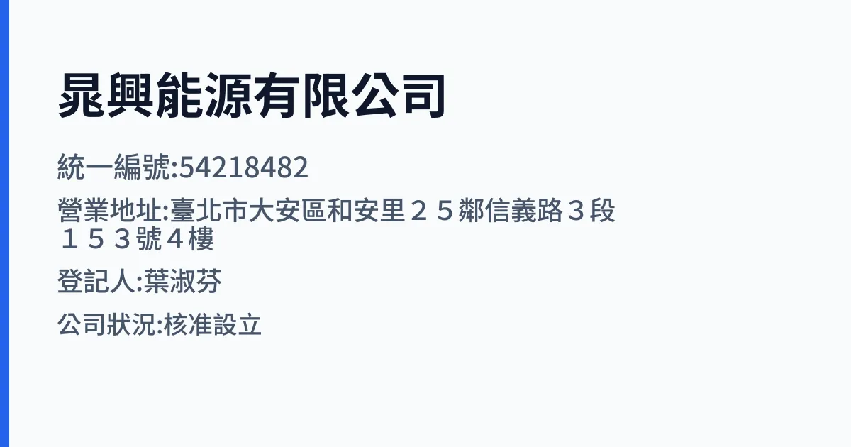 晁興能源有限公司 - 統編 54218482(臺北市) 公司登記資料與營業項目詳細圖表