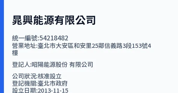 晁興能源有限公司的照片-統編 54218482(臺北市) 公司登記資料與營業項目詳細圖表