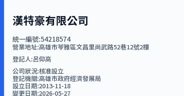 漢特豪有限公司的照片-統編 54218574(高雄市) 公司登記資料與營業項目詳細圖表