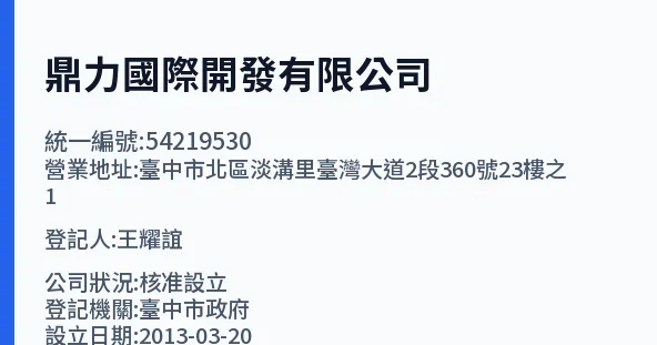 鼎力國際開發有限公司的照片-統編 54219530(臺中市) 公司登記資料與營業項目詳細圖表