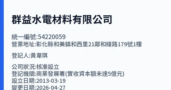 群益水電材料有限公司的照片-統編 54220059(彰化縣) 公司登記資料與營業項目詳細圖表