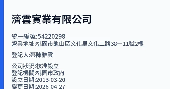 濟雲實業有限公司的照片-統編 54220298(桃園市) 公司登記資料與營業項目詳細圖表
