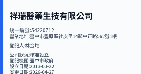 祥瑞醫藥生技有限公司的照片-統編 54220712(臺中市) 公司登記資料與營業項目詳細圖表