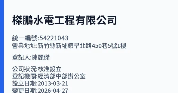 榤鵬水電工程有限公司的照片-統編 54221043(新竹縣) 公司登記資料與營業項目詳細圖表