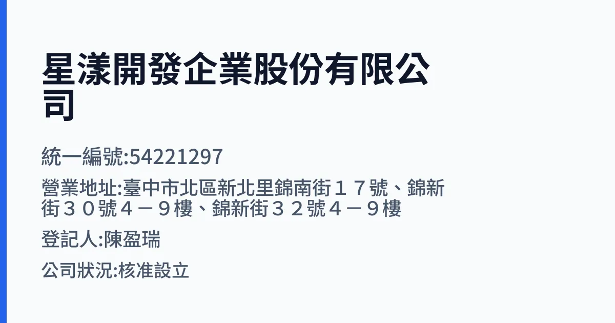 星漾開發企業股份有限公司 - 統編 54221297(臺中市) 公司登記資料與營業項目詳細圖表