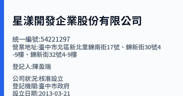 星漾開發企業股份有限公司的照片-統編 54221297(臺中市) 公司登記資料與營業項目詳細圖表