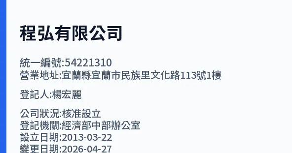 程弘有限公司的照片-統編 54221310(宜蘭縣) 公司登記資料與營業項目詳細圖表