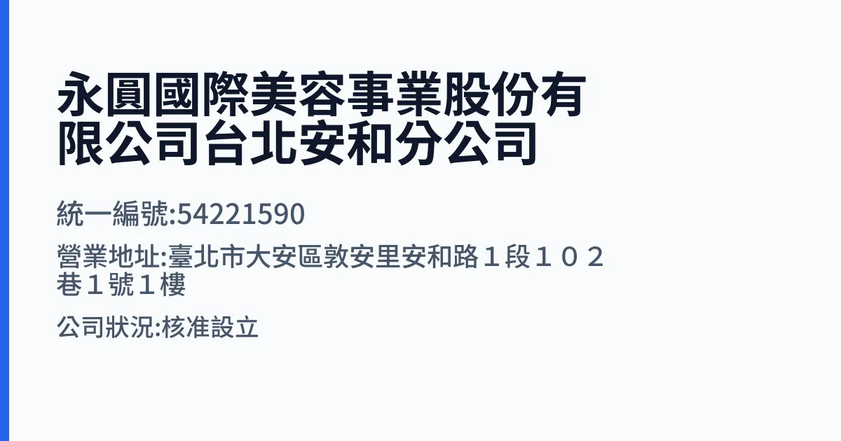 永圓國際美容事業股份有限公司台北安和分公司 - 統編 54221590(臺北市) 公司登記資料與營業項目詳細圖表