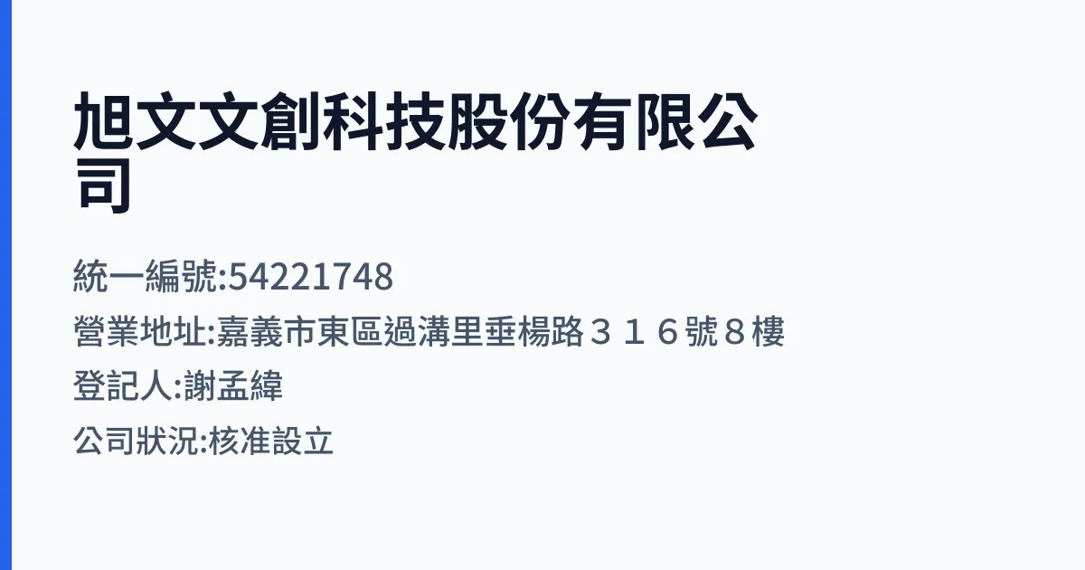 旭文文創科技股份有限公司 - 統編 54221748（嘉義市） 公司登記資料與營業項目詳細圖表