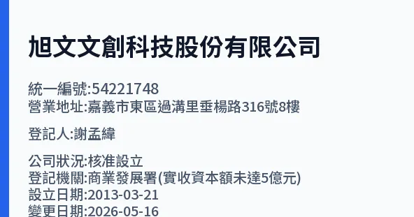 旭文文創科技股份有限公司的照片-統編 54221748(嘉義市) 公司登記資料與營業項目詳細圖表