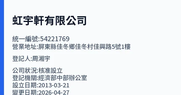 虹宇軒有限公司的照片-統編 54221769(屏東縣) 公司登記資料與營業項目詳細圖表