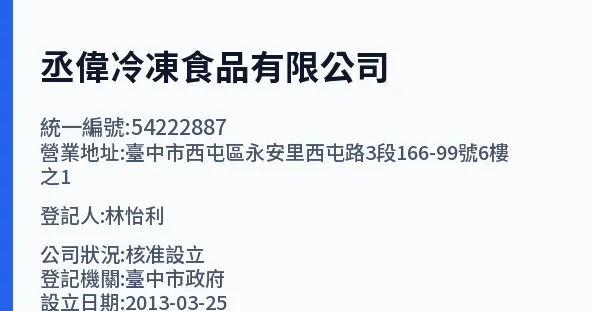 丞偉冷凍食品有限公司的照片-統編 54222887(臺中市) 公司登記資料與營業項目詳細圖表