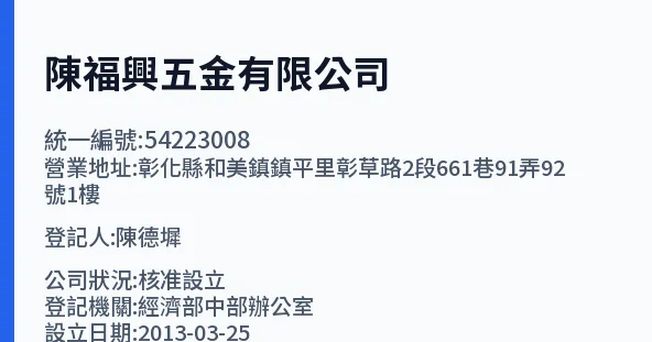 陳福興五金有限公司的照片-統編 54223008(彰化縣) 公司登記資料與營業項目詳細圖表