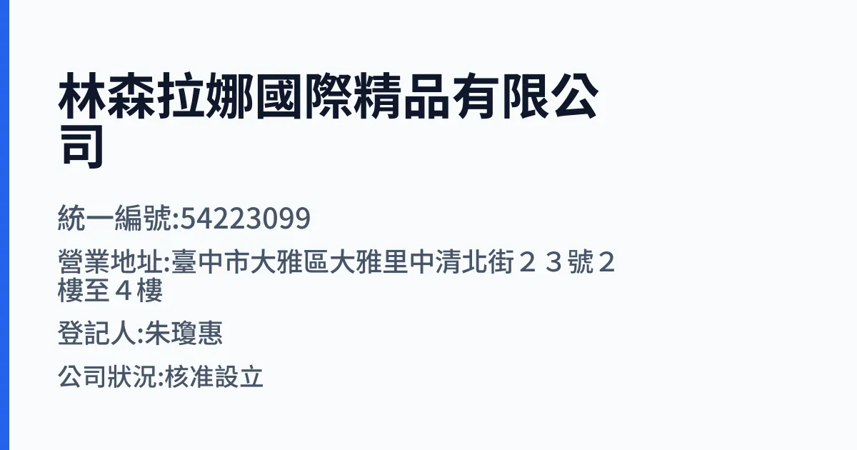 林森拉娜國際精品有限公司 - 統編 54223099(臺中市) 公司登記資料與營業項目詳細圖表