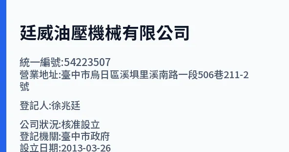 廷威油壓機械有限公司的照片-統編 54223507(臺中市) 公司登記資料與營業項目詳細圖表