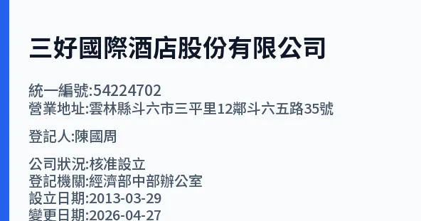三好國際酒店股份有限公司的照片-統編 54224702(雲林縣) 公司登記資料與營業項目詳細圖表