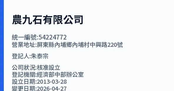 農九石有限公司的照片-統編 54224772(屏東縣) 公司登記資料與營業項目詳細圖表