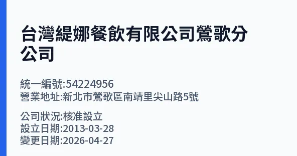台灣緹娜餐飲有限公司鶯歌分公司的照片-統編 54224956(新北市) 公司登記資料與營業項目詳細圖表