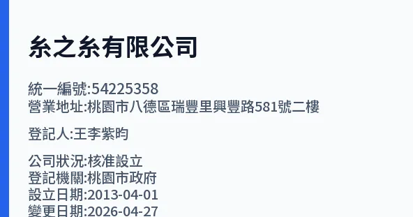 糸之糸有限公司的照片-統編 54225358(桃園市) 公司登記資料與營業項目詳細圖表