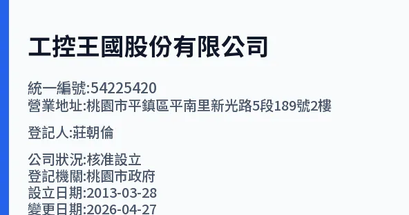 工控王國股份有限公司的照片-統編 54225420(桃園市) 公司登記資料與營業項目詳細圖表